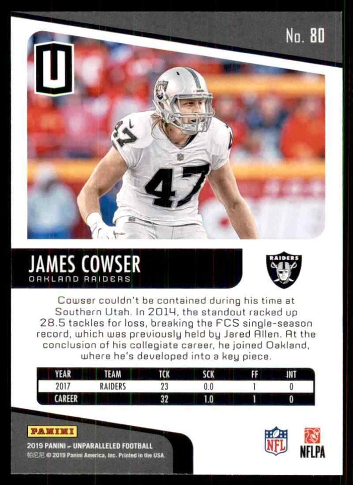 2019 Panini Unparalleled RC Rookie James Cowser Oakland Raiders #80 | eBay