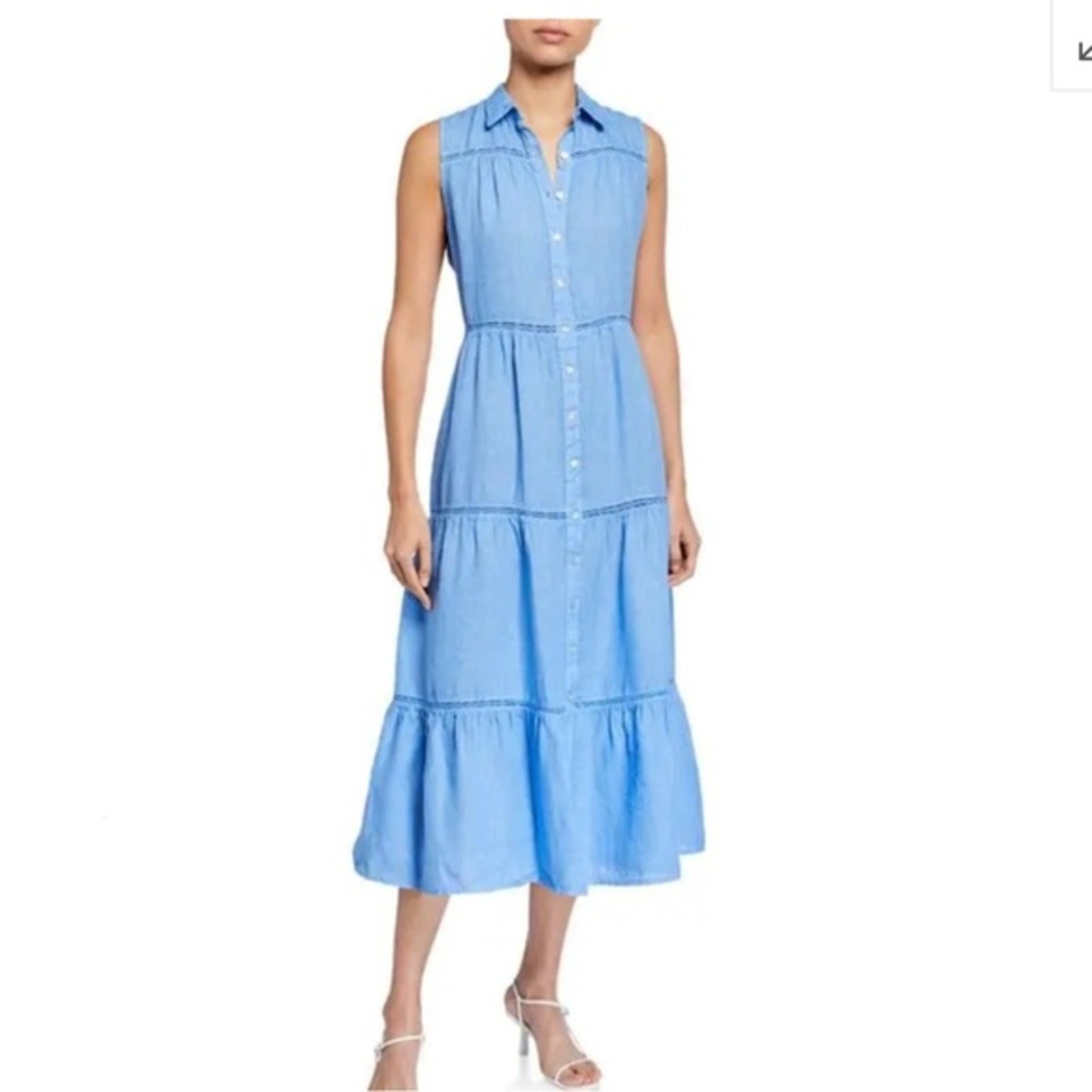 120% Lino Blue Linen Button Front Sleeveless Tiered M… - Gem