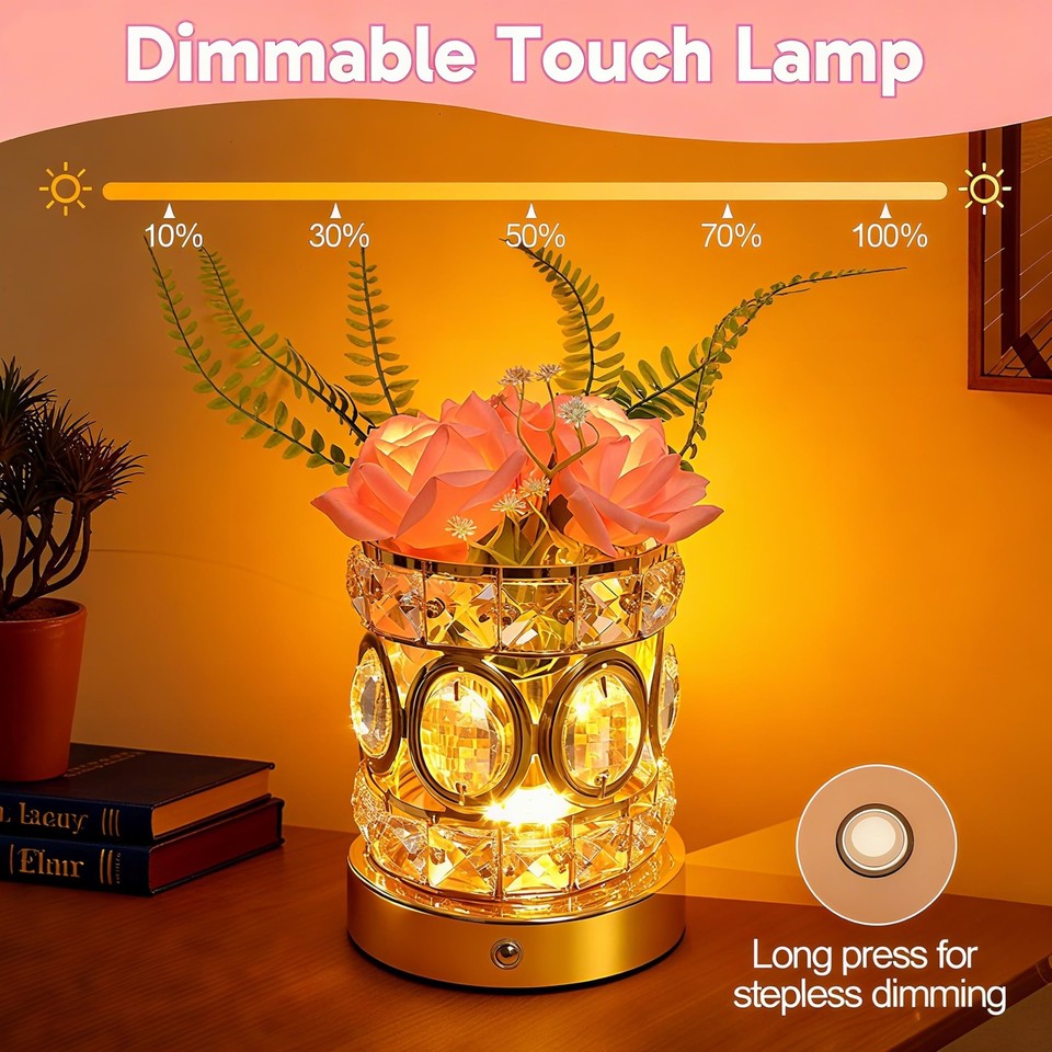 Rose Crystal Table Lamp, Rechargeable Cordless Touch Small Bedside ...
