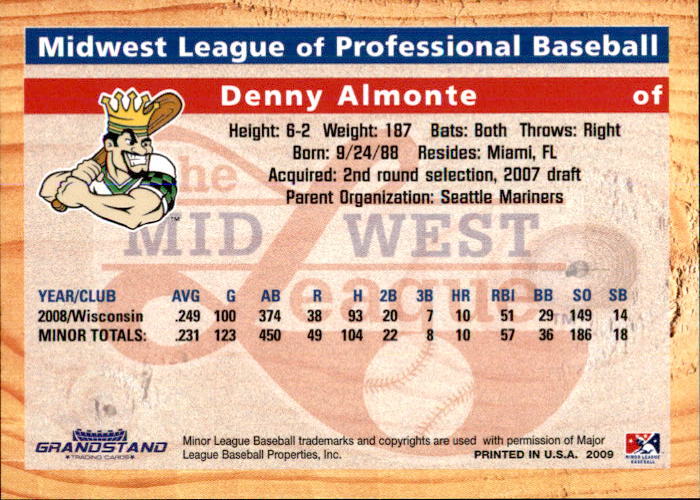 2009 Midwest League Prospects Grandstand #1 Denny Almonte Miami Florida ...