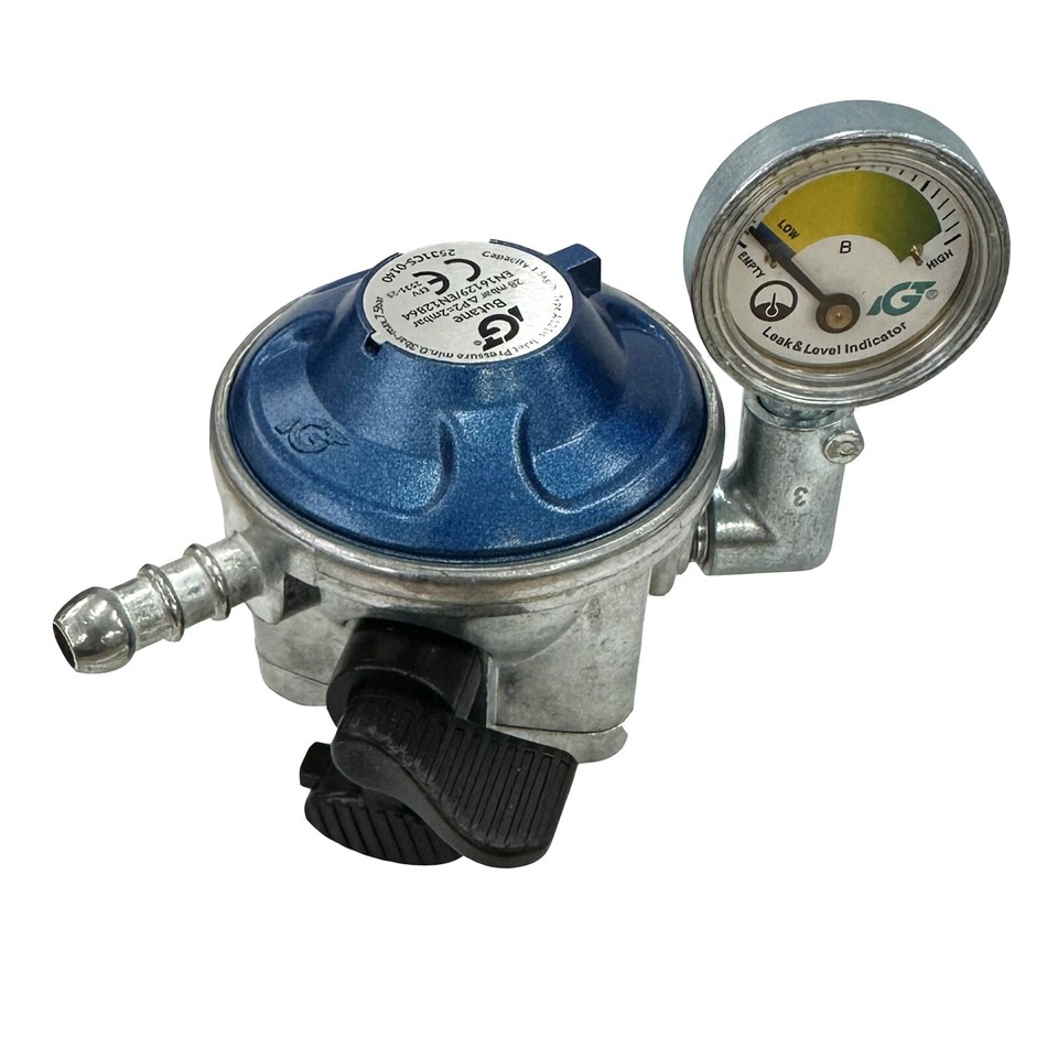BUTANE GAS BOTTLE REGULATOR WITH PRESSURE GAUGE 1m ORANGE HOSE 28mbar ...