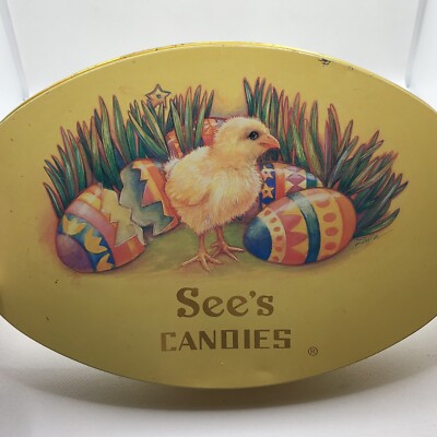 Vintage Sees Candies Easter Chick Metal Tin B Container 10" Long 6 3/4 ...