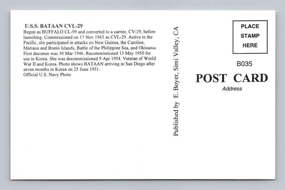 Postcard 1951 US Navy Warship USS Bataan CVL29 USN Aircraft Carrier ...