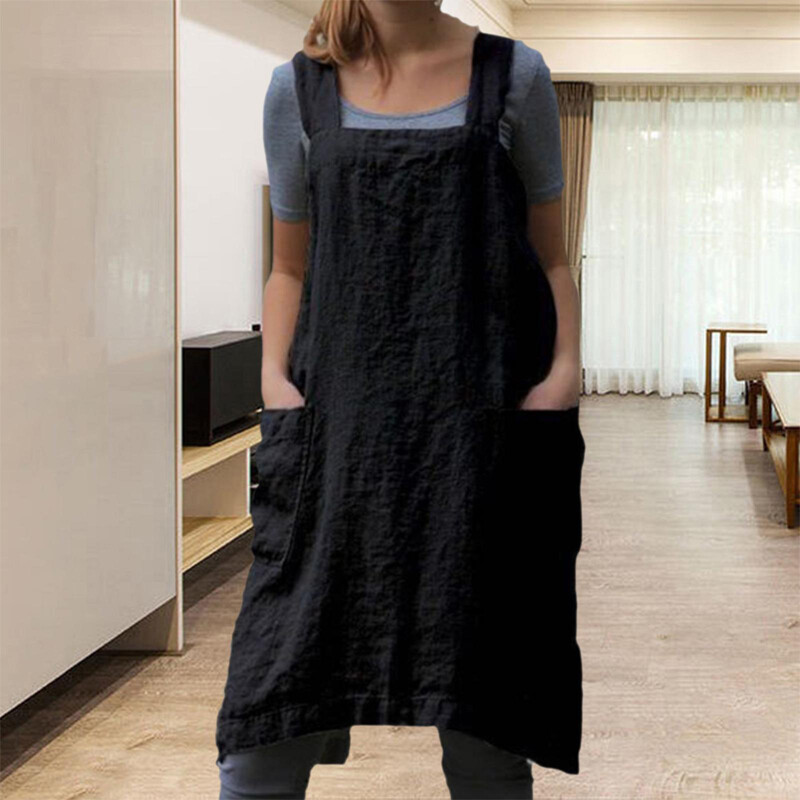 Women Cotton Linen Cross Back Apron Dress Ladies Loose Home Cooking ...
