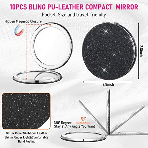 10 Piece Black Compact Mirror Small Round Pocket Mirror for Purse ...