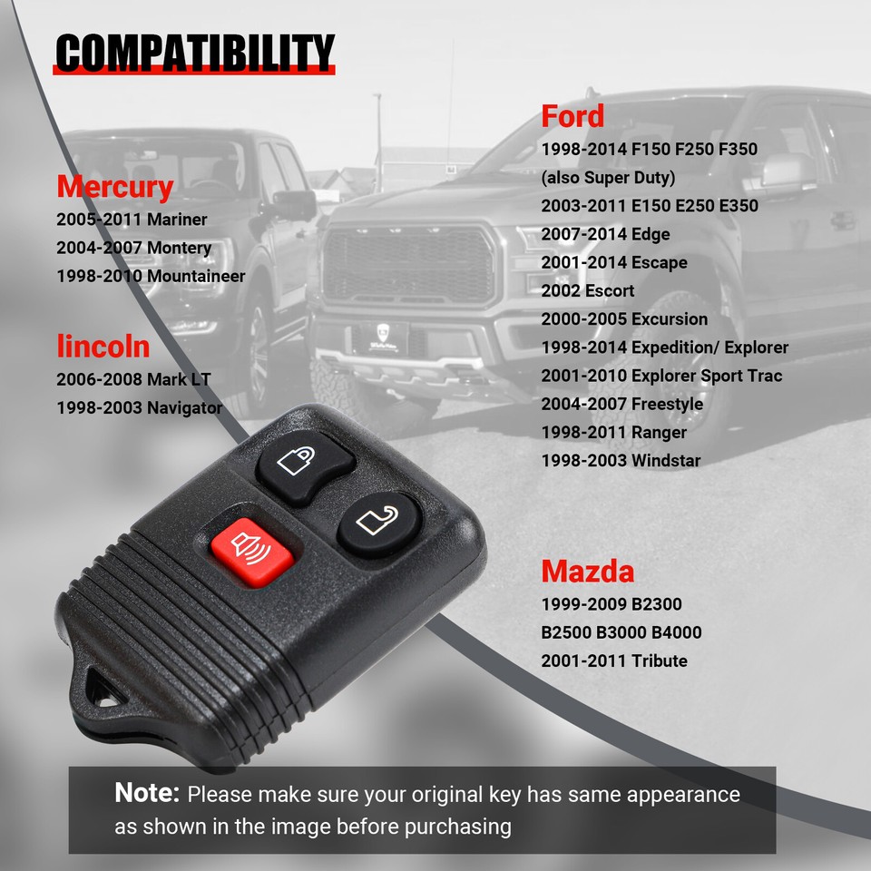 2 Keyless Entry Remote Key Fob Clicker Transmitter for Ford 1998-2016 ...
