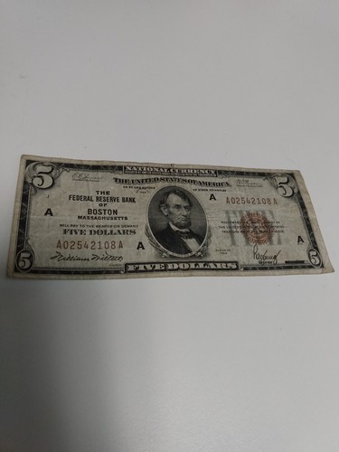 $5 1929 Boston Massachusetts MA National Currency Note Federal Reserve ...