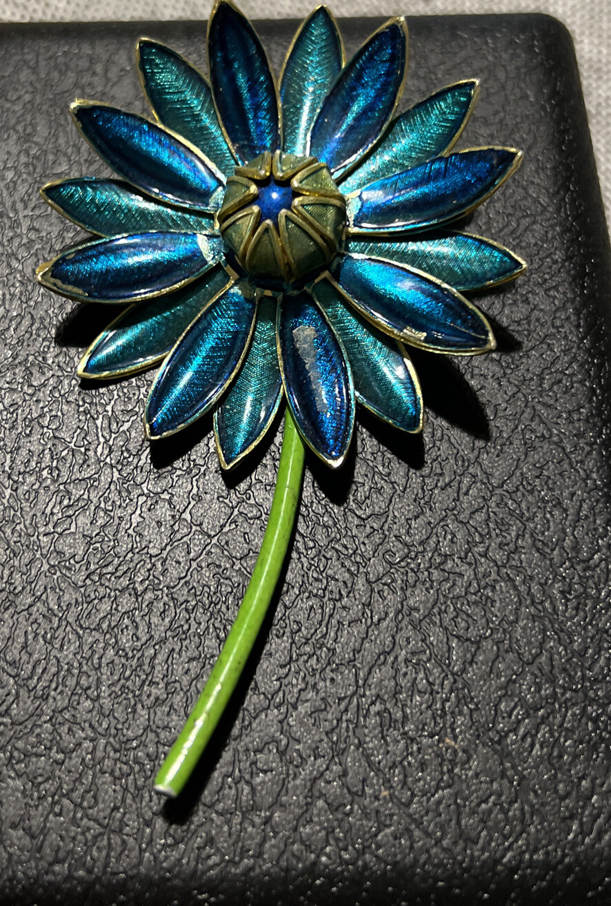 Large Retro Green and Blue Enamel Flower Brooch Made… - Gem