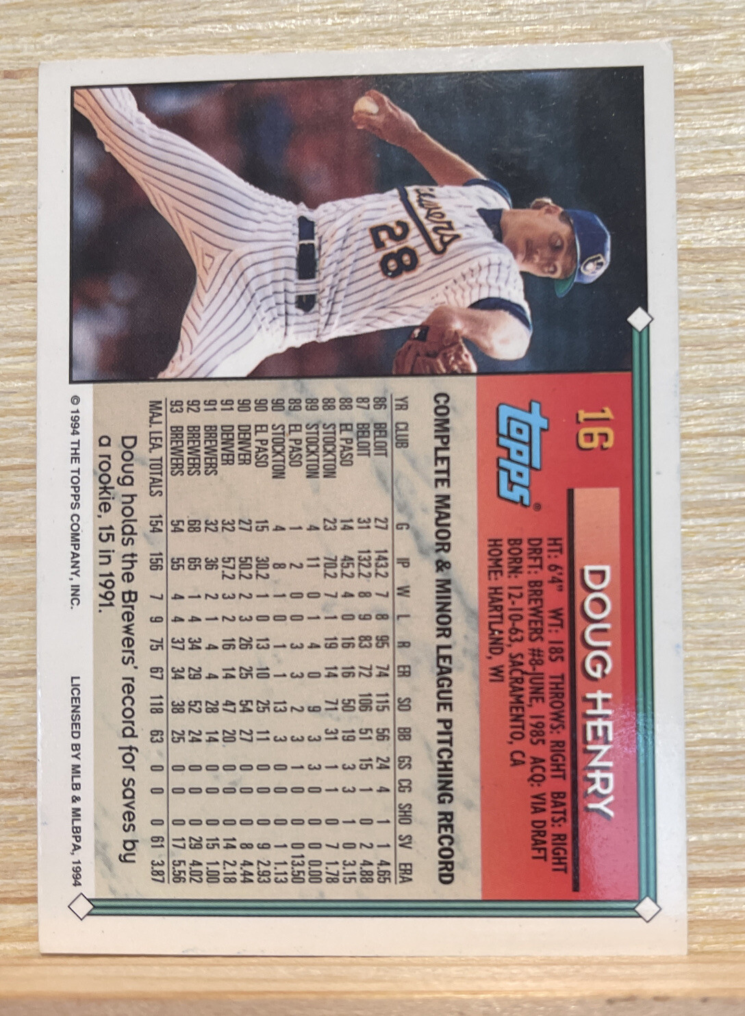 Doug Henry autographed Baseball Card Milwaukee Brewers 1994 Topps #16 ...