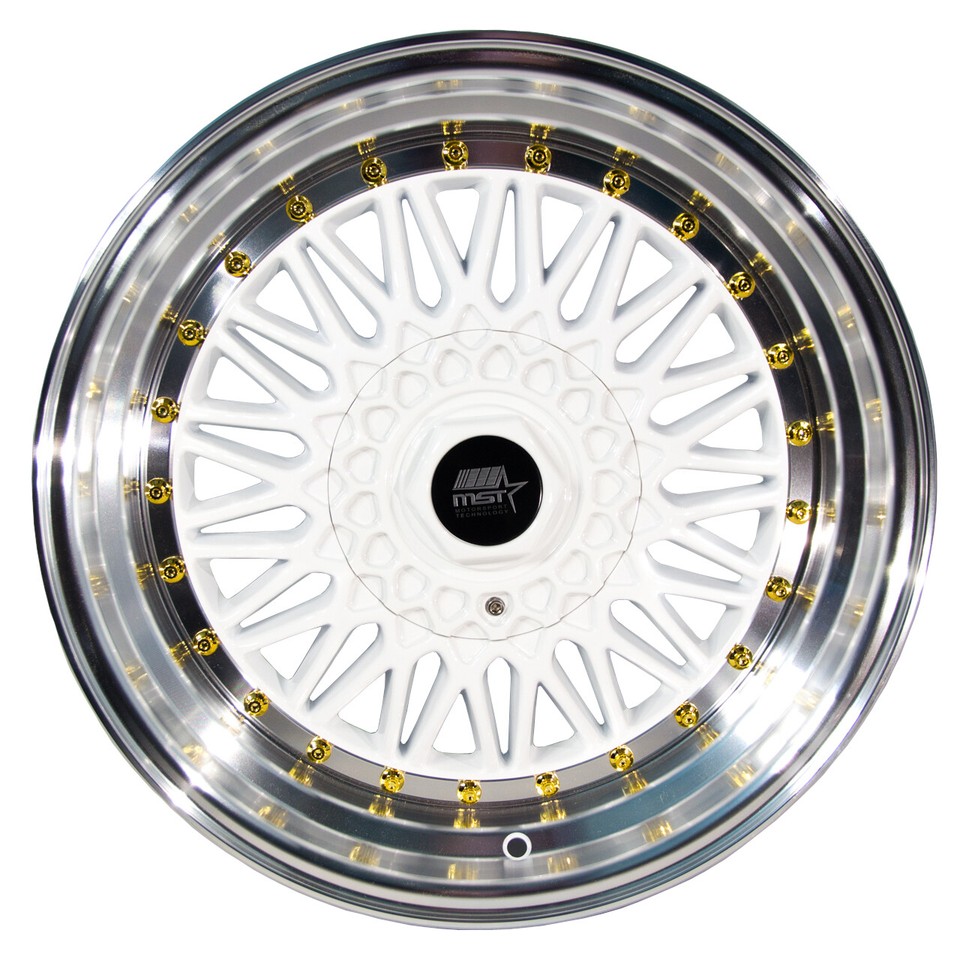 15x8 +20 MST MT13 4x100,4x114.3 White w/Machined Gold Rivets Wheels ...