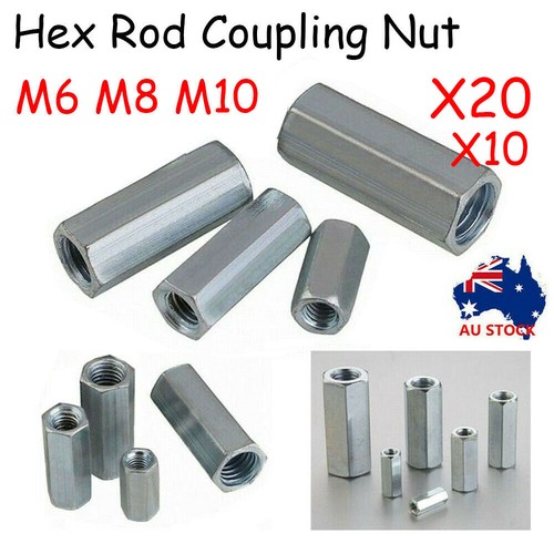 10/20X Hex Rod Coupler Nut M6 M8 M10 Coupling Nuts Connector Zinc ...