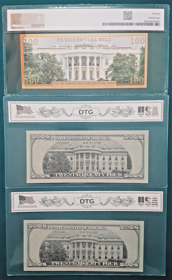 2025 Donald Trump Presidential 24K 9999 Gold Note 100 mg PMG70 + 2 2024 ...