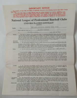 Claude Passeau, SIGNED 1942 CUBS Contract (D.2003) W/Ford Frick (HOF, D ...