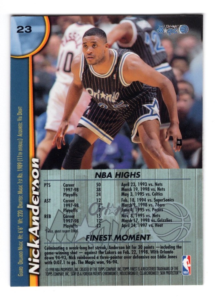 1998-99 TOPPS FINEST NICK ANDERSON CARD #23 **NM-MT** ORLANDO MAGIC | eBay
