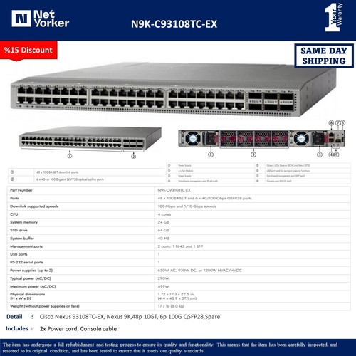 Cisco Nexus N9K-C93108TC-EX 48 Port Switch - Same Day Shipping | eBay