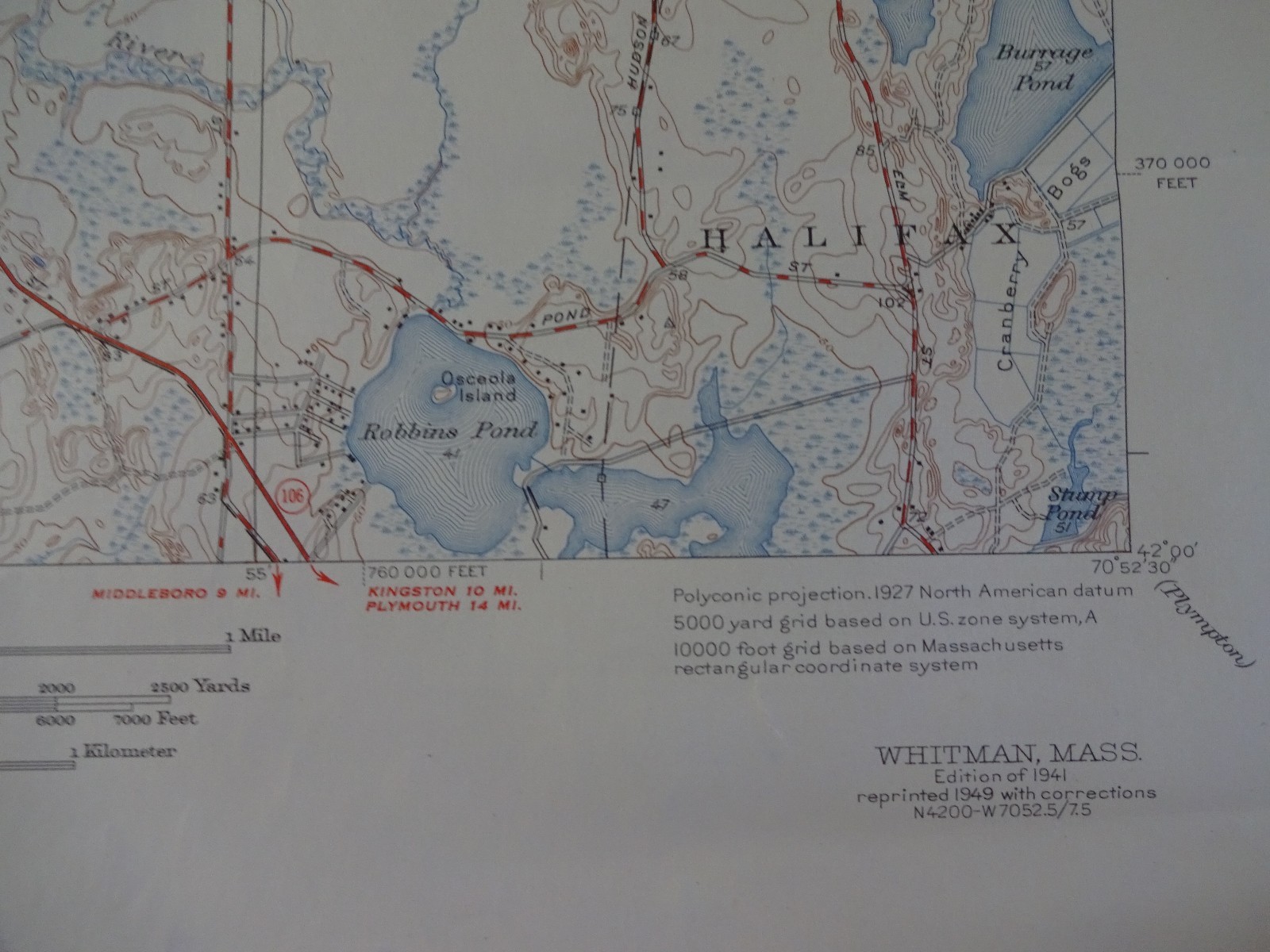 1950 - ANTIQUE Map of Whitman Quadrangle - (Plymouth County ...