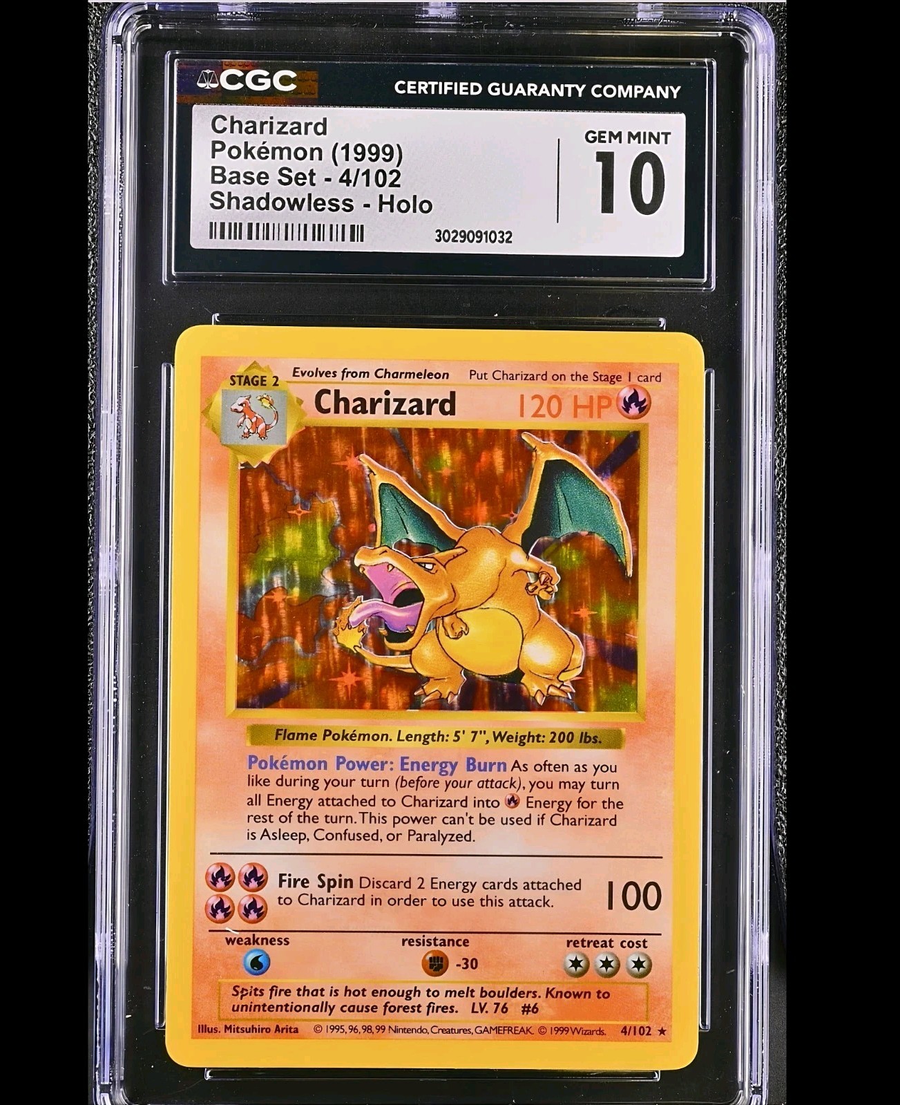SHADOWLESS CHARIZARD 1999 BASE SET POKEMON CGC 10 GEM MINT 4/102 NOT ...