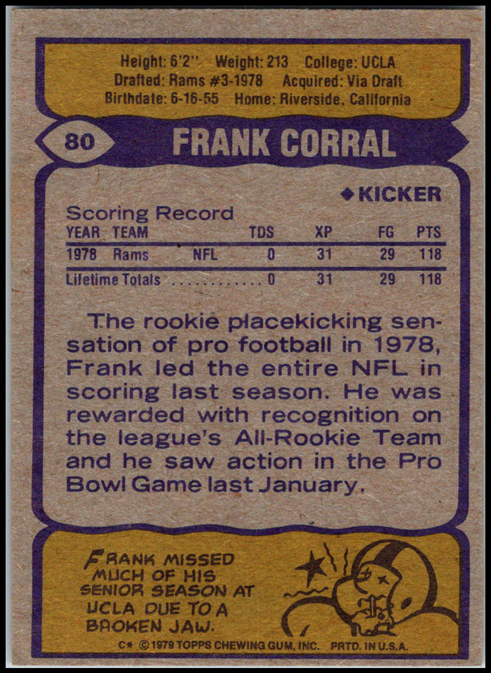 1979 Topps #80 Frank Corral - All-Pro Rookie RC FREE SHIPPING! | eBay