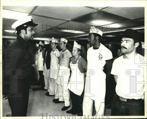 1979 Press Photo US Navy shipmates muster for mess deck duty aboard USS ...