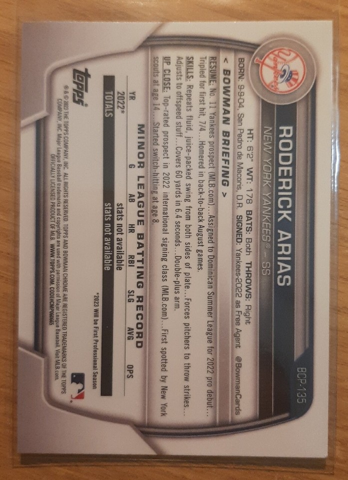 2023 BOWMAN CHROME PROSPECTS RODERICK ARIAS #135 NEW YORK YANKEES | eBay