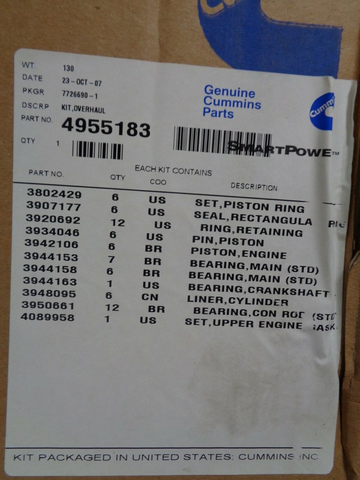 Factory Cummins 8.3L Engine Overhaul Kit O.E.M. Part # 4955183 | eBay