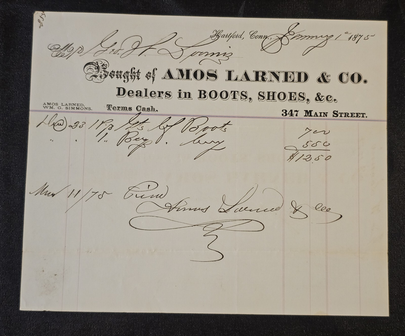 1875 Amos Larned & Co Boots Shoes Billhead Receipt Hartford, CT | eBay
