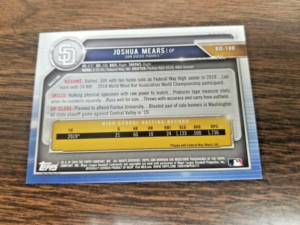 JOSHUA MEARS 2019 1st Bowman Draft #BD-180 SAN DIEGO PADRES (FIRST ...
