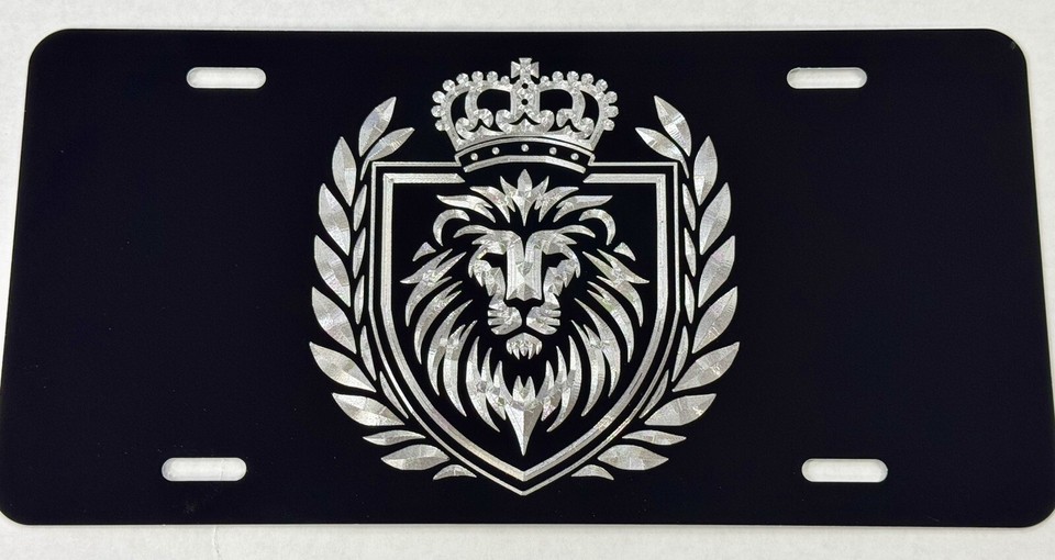 Crown King Lion Car Tag Diamond Etched Engraved Black Metal Front ...