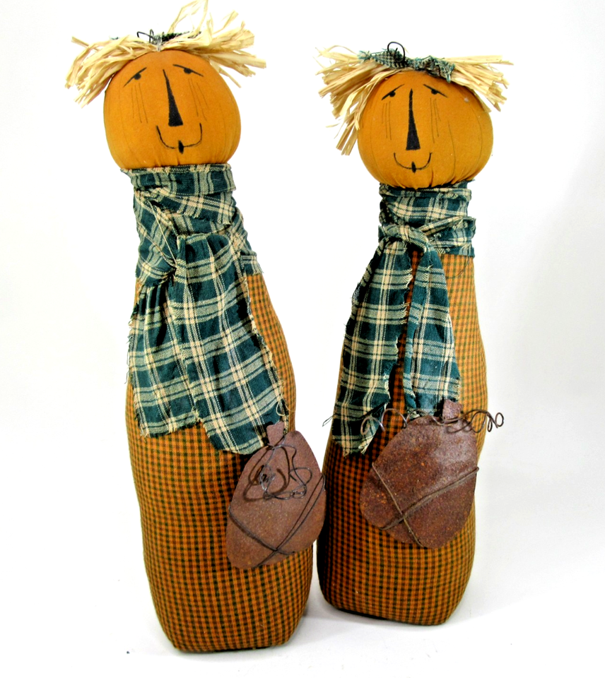 2 cloth 14" tall Pumpkin dolls Halloween Fall decor doorstops artisan ...