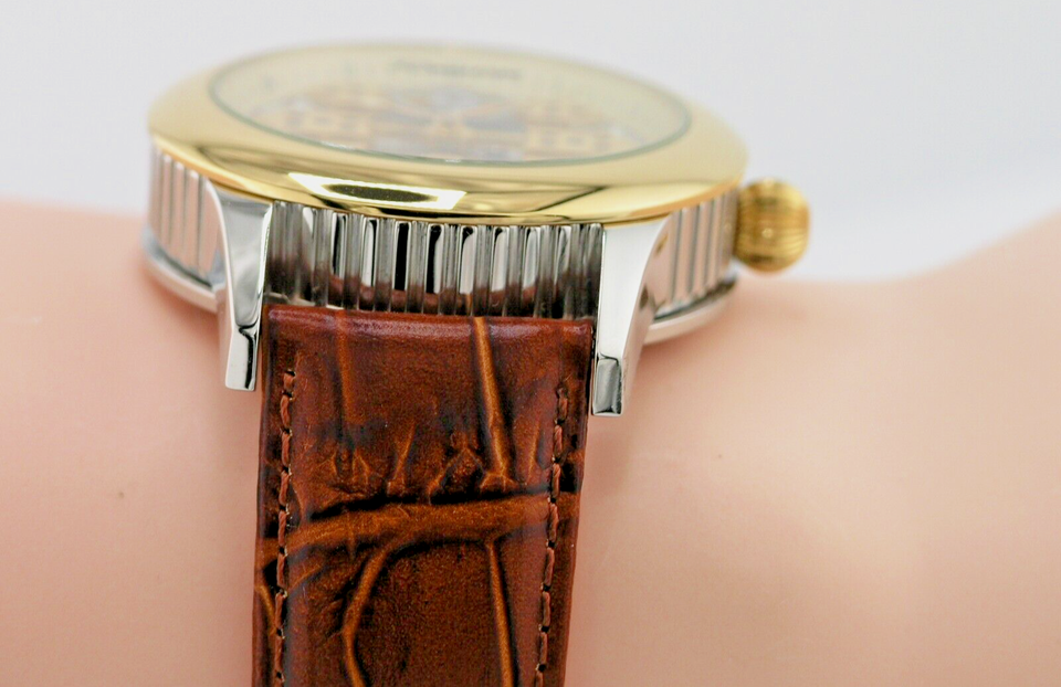 NEW ROUSSEAU GESTALT GOLD BROWN LEATHER AUTOMATIC TRIPLE BRIDGE WATCH ...