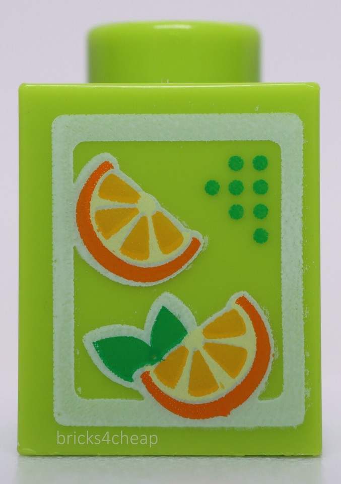 Lego 2x Lime Brick 1 x 1 with Oranges Pattern (Juice Carton) | eBay