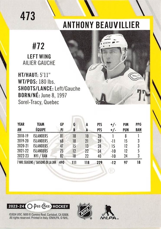 2023-24 O-Pee-Chee Yellow #473 Anthony Beauvillier | eBay