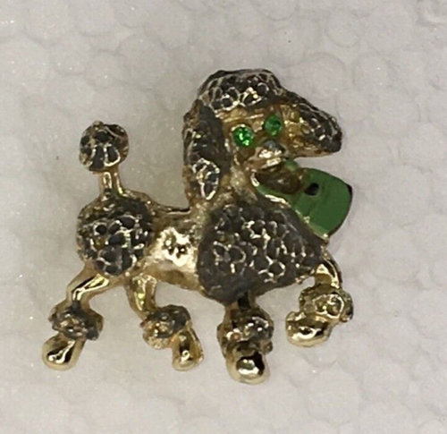 VTG Poodle Pin Brooch Gold Tone Green Rhinestone Eyes Carrying Purse 1 ...