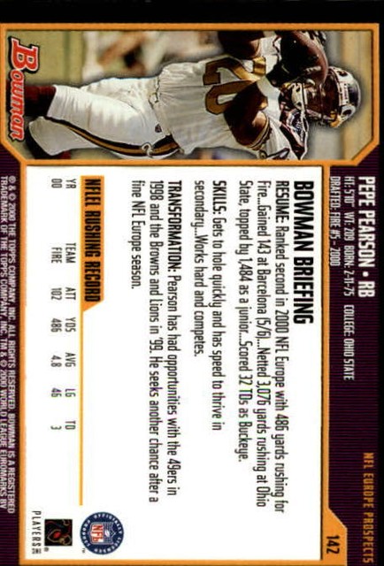 2000 Bowman - NFL Europe Prospects #142 Pepe Pearson (RC) for sale ...