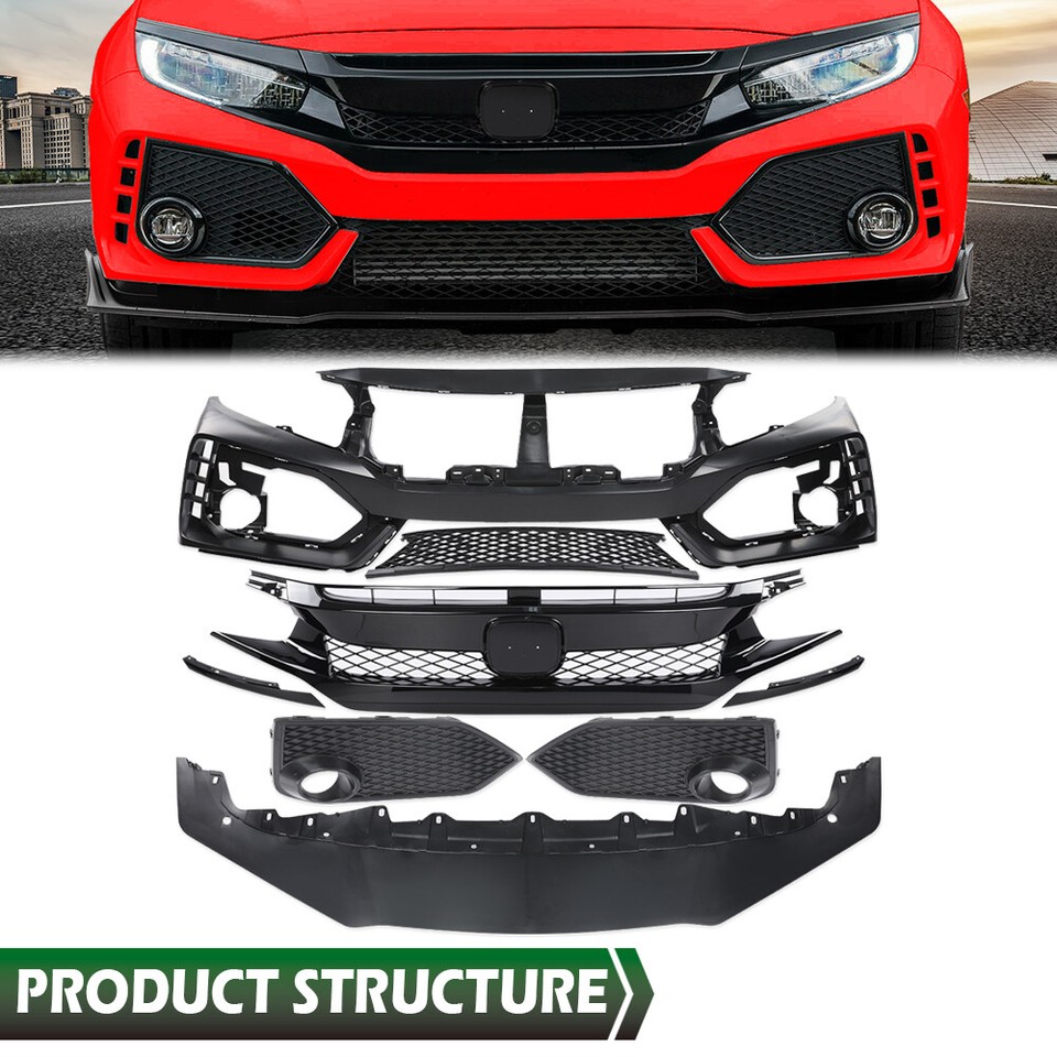 Type R Style Front Bumper Cover Kit w/ Grille+Lip Fit For 2016-2021 ...