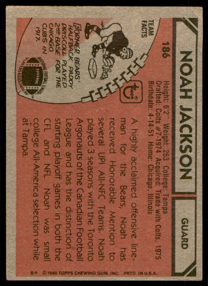 1980 Topps Noah Jackson Football Card Chicago Bears #186 | eBay