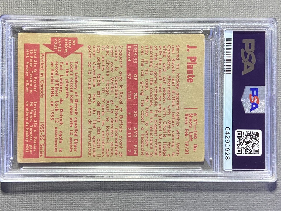 Jacques Plante RC 1955-56 Parkhurst #50 Rookie Card HOF NHL PSA 1 PR | eBay