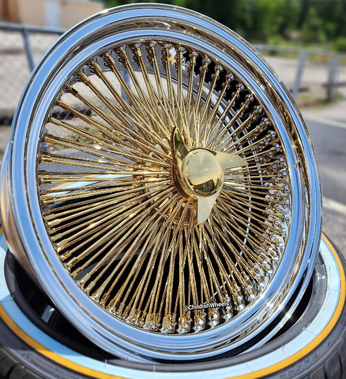 20" Inch All Gold CENTER Chrome Lip 150 Spoke Wire Wheels Rims Spokes ...