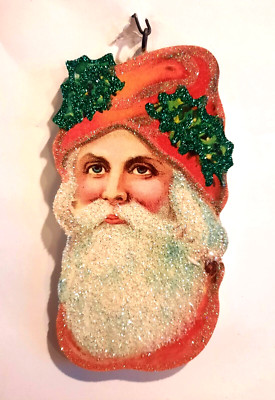 VICTORIAN SANTA FACE w HOLLY on HOOD * Glitter CHRISTMAS ORNAMENT * Vtg ...