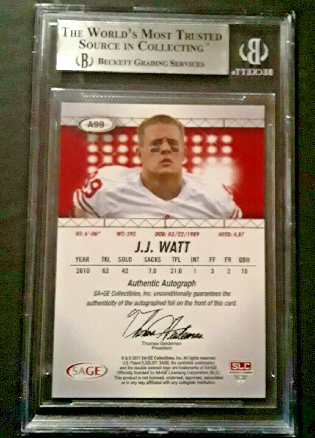 JJ WATT NFL FUTURE HOFER SIGNED AUTOGRAPHED BECKETT BAS SLABBED SAGE ...