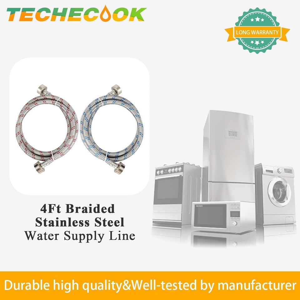 2-Pack 4ft Braided Stainless Steel Washing Machine Hoses - Durable ...