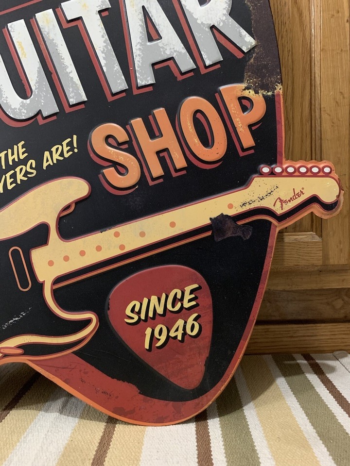 Fender Guitar Shop Sign Electric Metal Vintage Style Pick Guard String ...