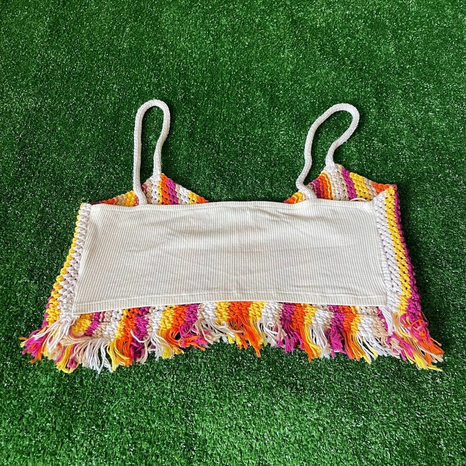 ZARA Crochet Knitted Spaghetti Strap Frayed Crop Top Beach Bustier Size ...