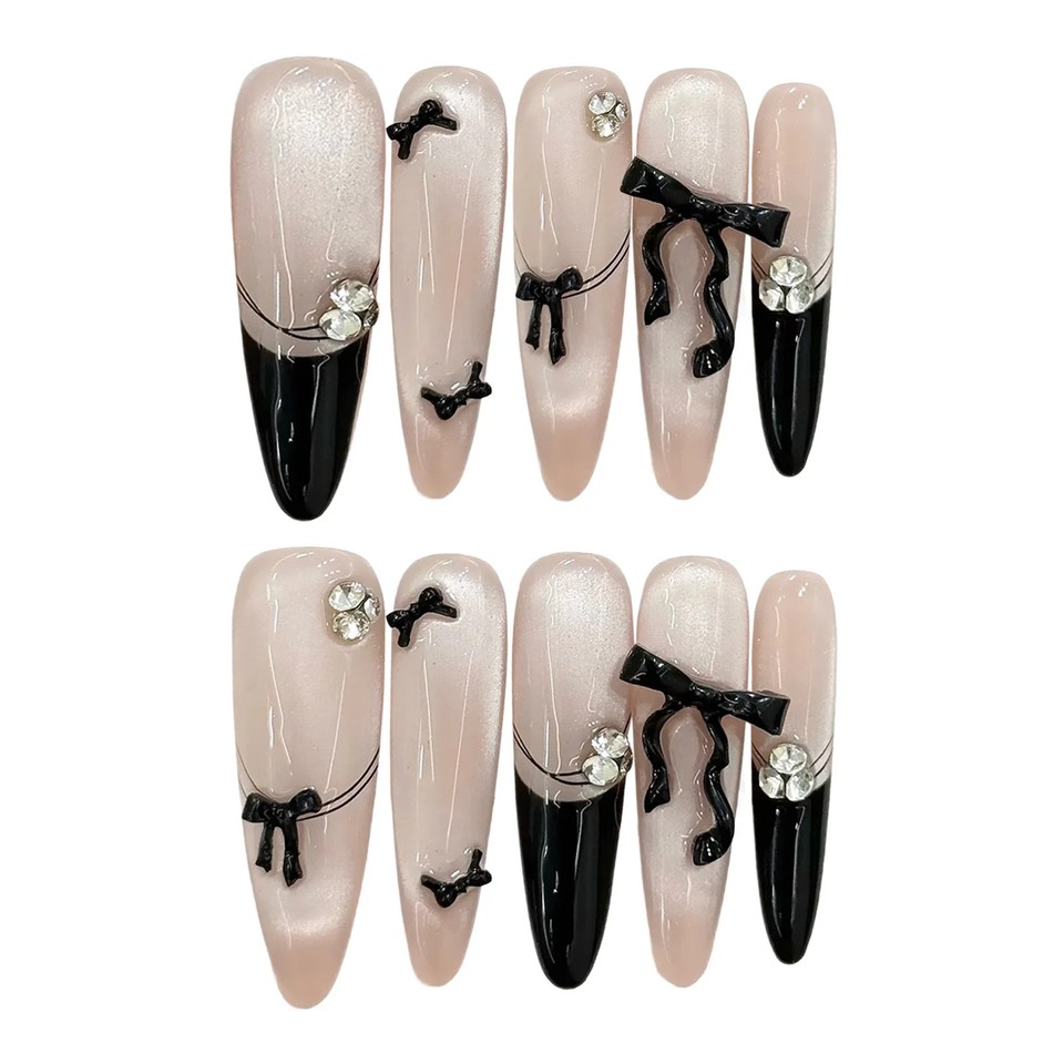 10pcs Shiny Cat Eye French False Nails with Black Bow Design Fake Nails ...