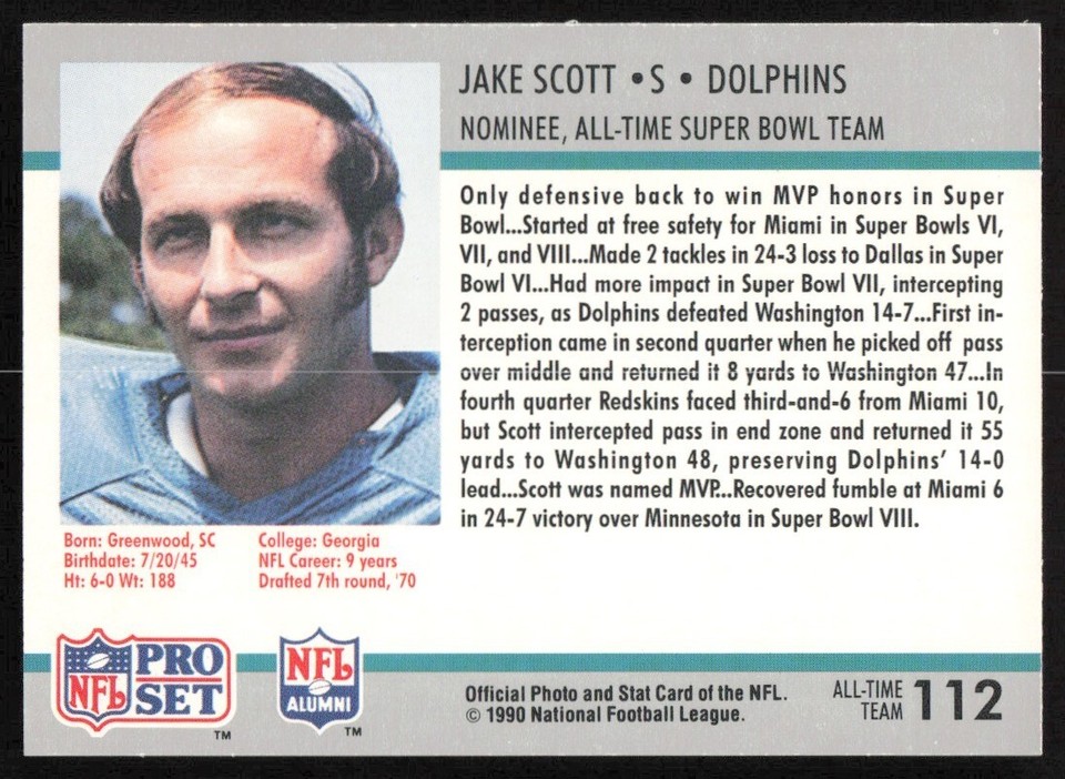 1990 Pro Set Super Bowl Supermen Jake Scott #112 Miami Dolphins | eBay