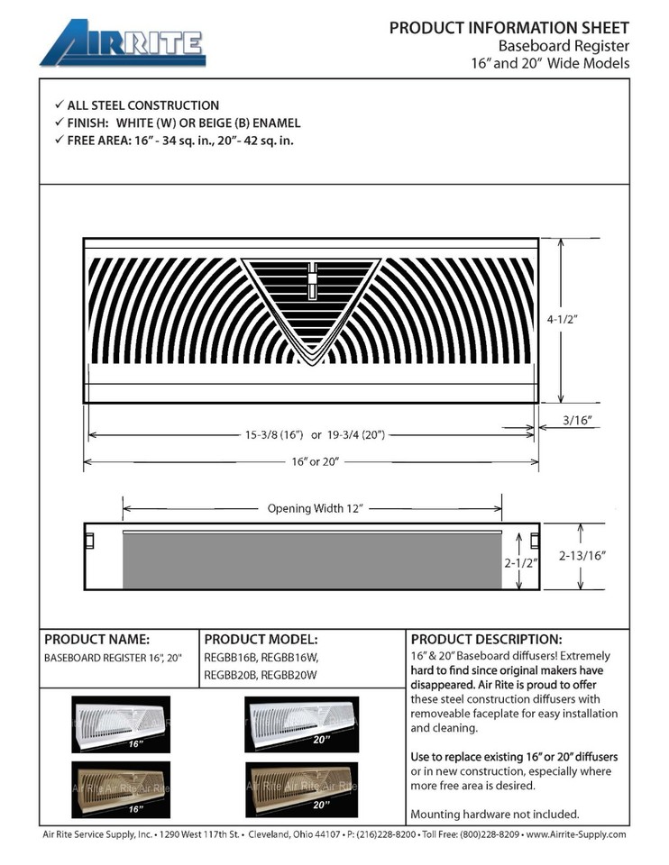 Baseboard Register/Diffuser 20" - White - New | eBay