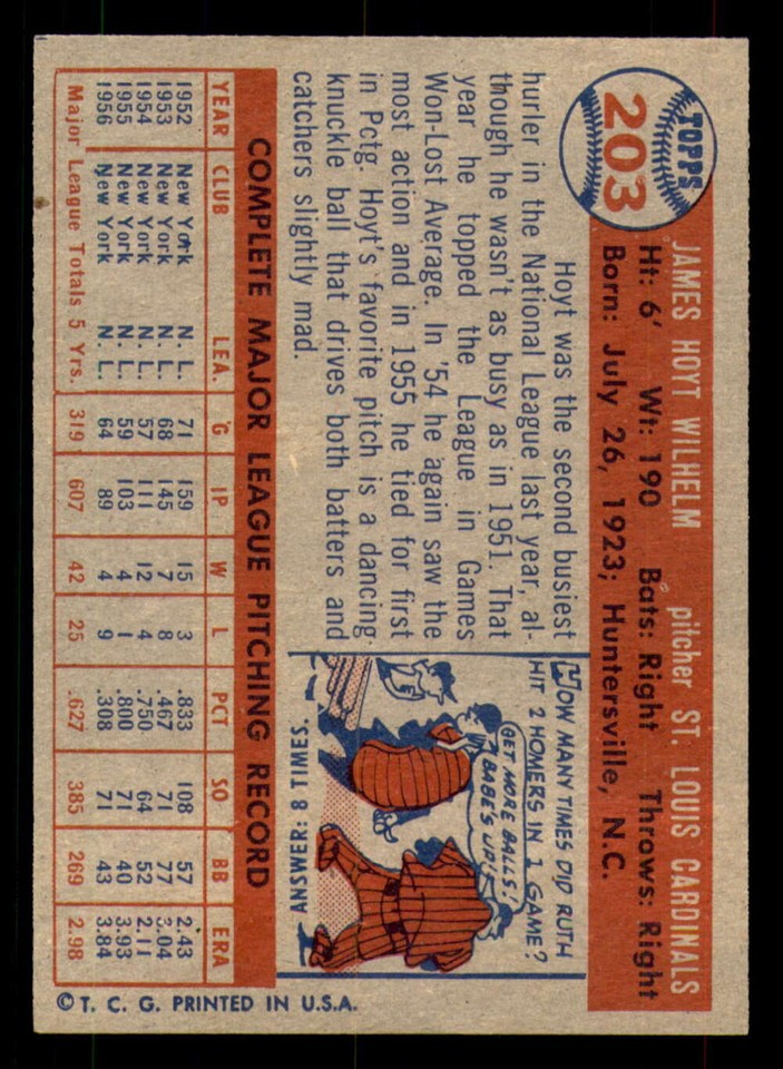 1957 Topps #203 Hoyt Wilhelm UER Ex-Mint Cardinals UER ID:357525 | eBay