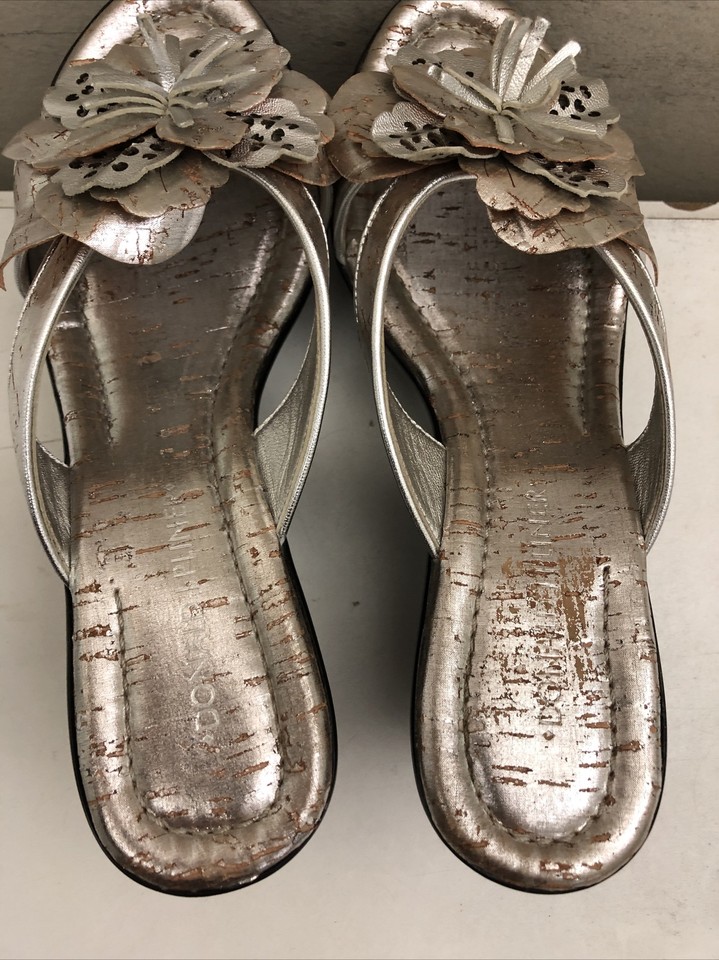 Donald Pliner Shann Silver Leather Floral Slide Wedge Platform Sandal ...