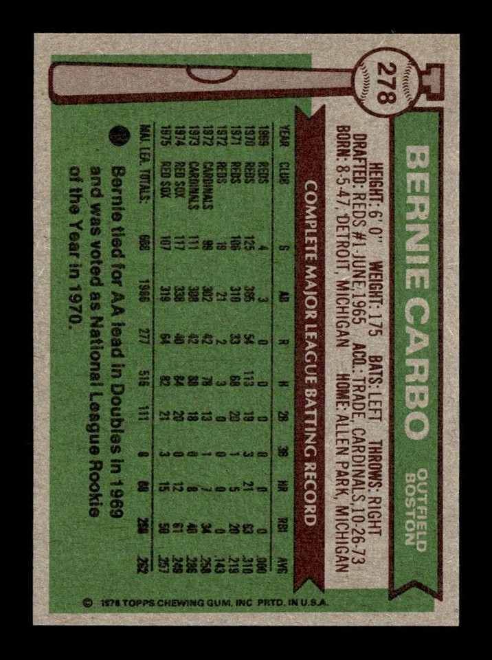 1976 Topps #278 Bernie Carbo Boston Red Sox NM-MT Baseball Card *G986 ...