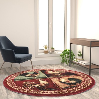 Gallus Collection 6' x 6' Round Red Rooster Themed Olefin Area Rug with ...